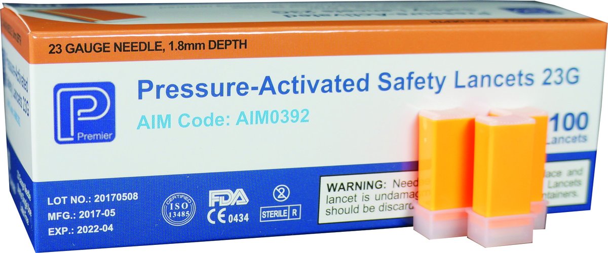 GMT Sterile Pressure-Activated Safety Lancet Blue 23G. Box of 100 ...